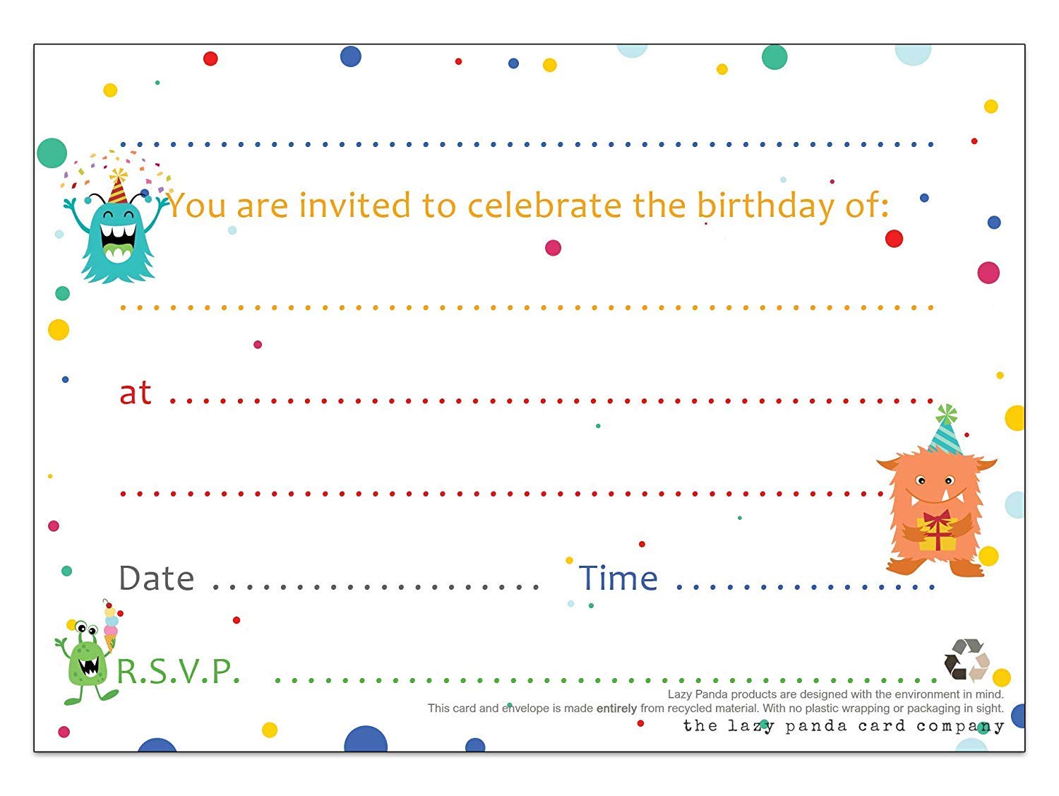 the lazy panda card company 20 Eco Friendly Monster Birthday Invitations for Children (With Blue Envelopes)