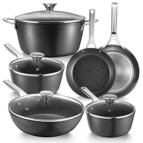 Fadware Induction Cookware Sets, Nonstick Pots and Pans Set 10 Piece, Dishwasher Safe Kitchen Cooking Pan, Includes Frying Pans, Saute Pan, Saucepans & Stockpot, Black