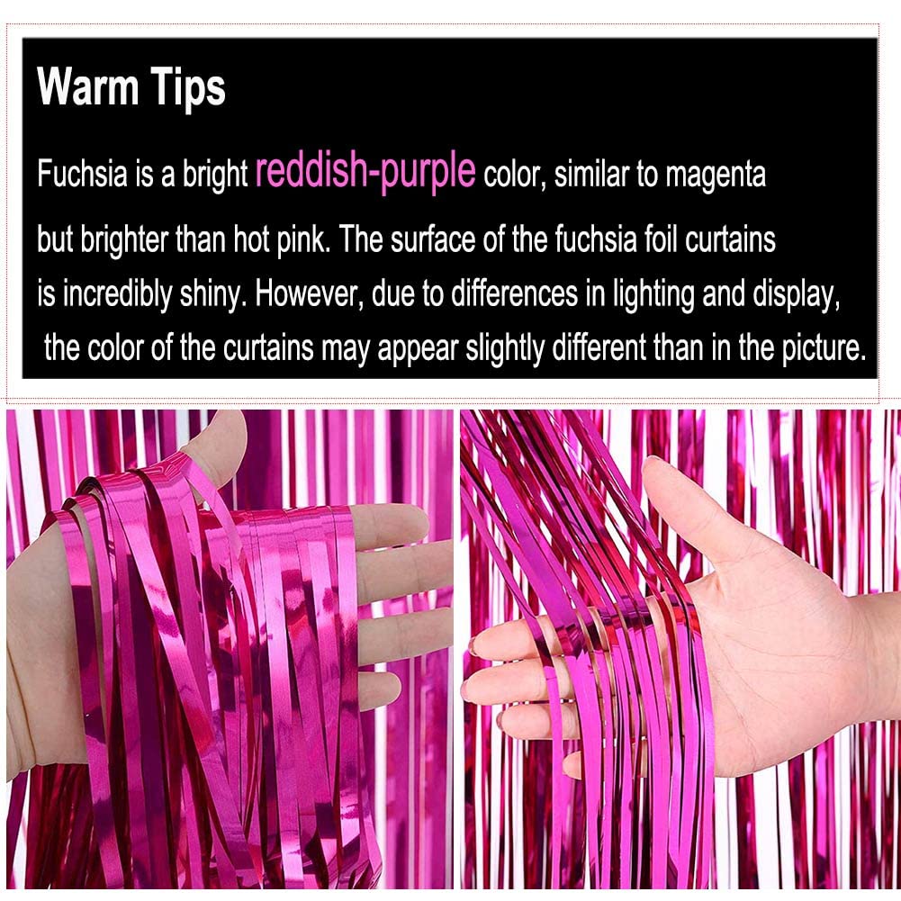 Foil Fringe Curtains - Party Streamers for Barbie Backdrop Barbie Birthday Mean Girls Party Decorations - 3Packs 3.2ft x 8.2ft Fuchsia Metallic Tinsel Backdrop Curtains