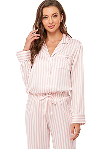 Serenedelicacy Women's Satin Pajama Set Long Sleeve Button Down Sleepwear 2-Piece Striped Silky Pj Set (Medium, Blush/Ivory, Stripe)