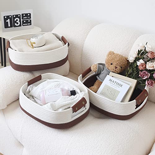 ECDYQXVU Cotton Rope Storage Basket, 14x11x5 IN, Oval Storage Bins, Decorative Woven Basket Cube Storage Organizer for Nursery, Laundry, Towel, Clothes, Toy, Cosmetics, Books (White/Browm-3Pack)