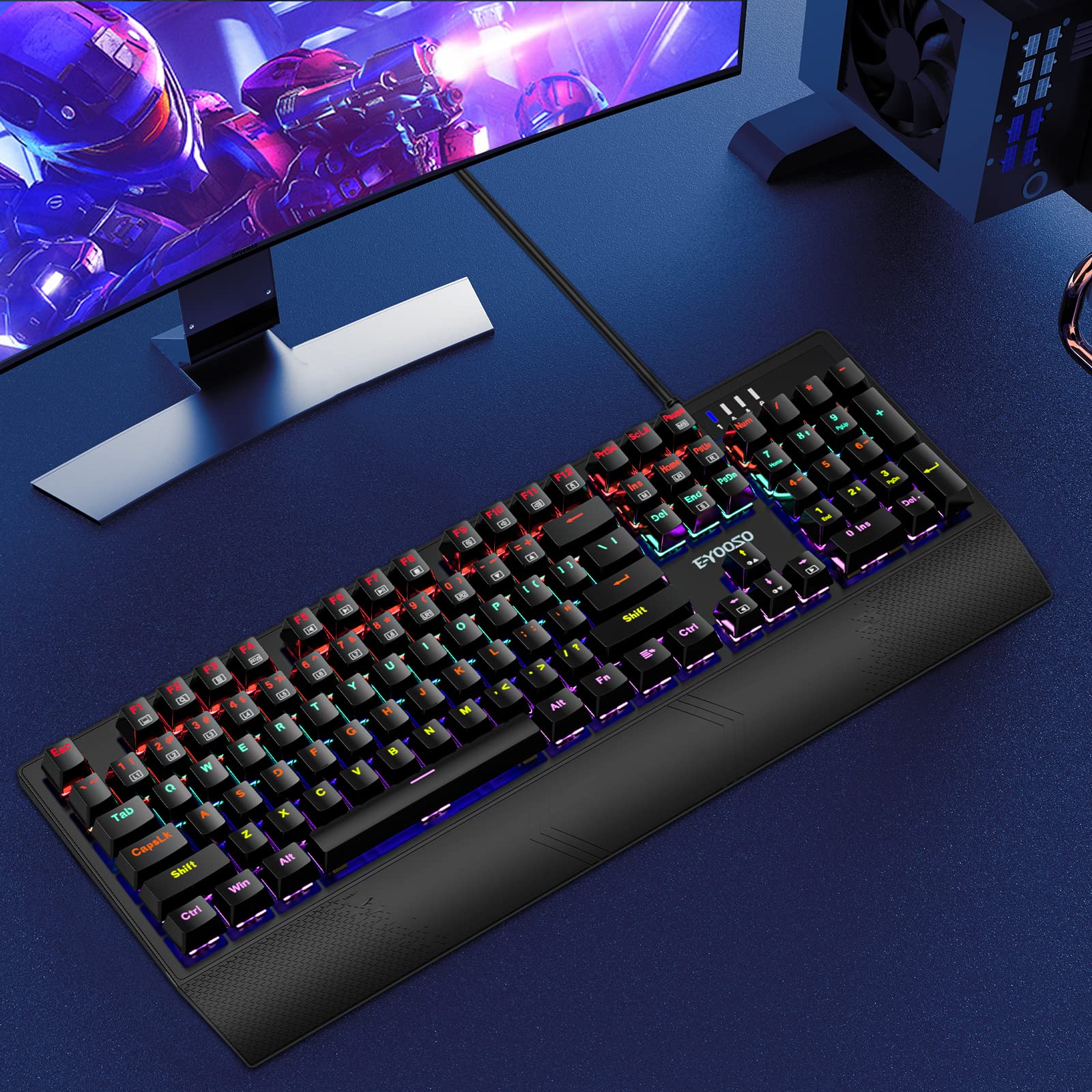 E-YOOSO Mechanical Keyboard, Mechanical Gaming Keyboard with Blue Switches, 104 Keys, Wired Keyboard Mechanical with Rainbow Backlit & RGB LED Side Light, Clicky Keyboard for Windows, Gaming, PC