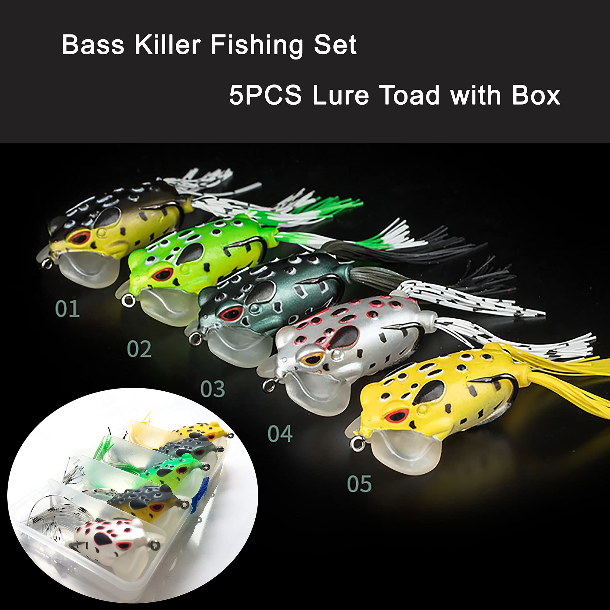 Fishing Lures for Bass Topwater Frog Lures - Weedless Lures Soft Plastic Fishing Bait, 5pcs Toad Lures with Tackle Box