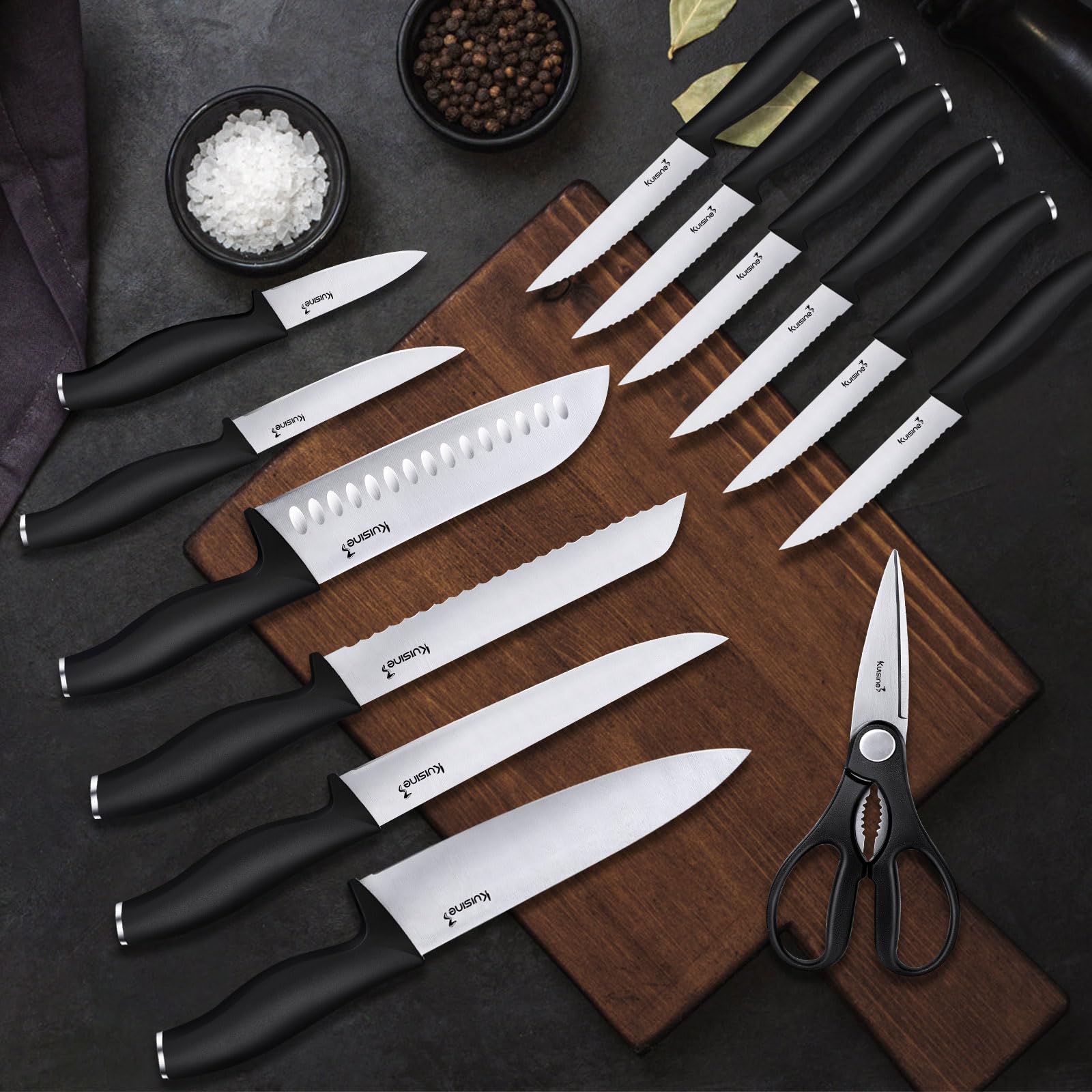 Kuisine Chef Knife Set,High Carbon Stainless Steel Ultra Sharp Blade Ergonomic Handle,Kitchen Knife Block Set with Built-in Sharpener, Elegant Gift for Holiday