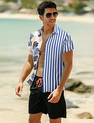 EliteSpirit Hawaiian Shirts for Mens Beach Shirts Casual Button Down Shirts Short Sleeve Striped Floral Print Blue Striped L