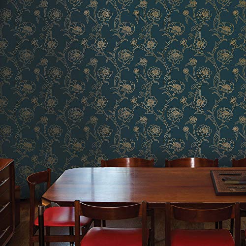 Tempaper Peacock Blue & Metallic Gold Peonies Removable Peel and Stick Floral Wallpaper, 20.5 in X 16.5 ft, Made in the USA