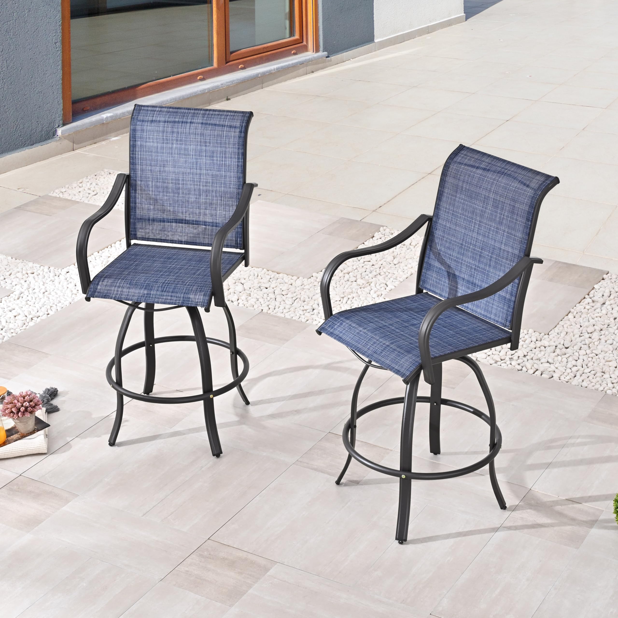 LOKATSE HOME 2 PCS Outdoor Swivel Bar Stools Height Chairs with Armrest for Backyard Deck Lawn Garden, Blue