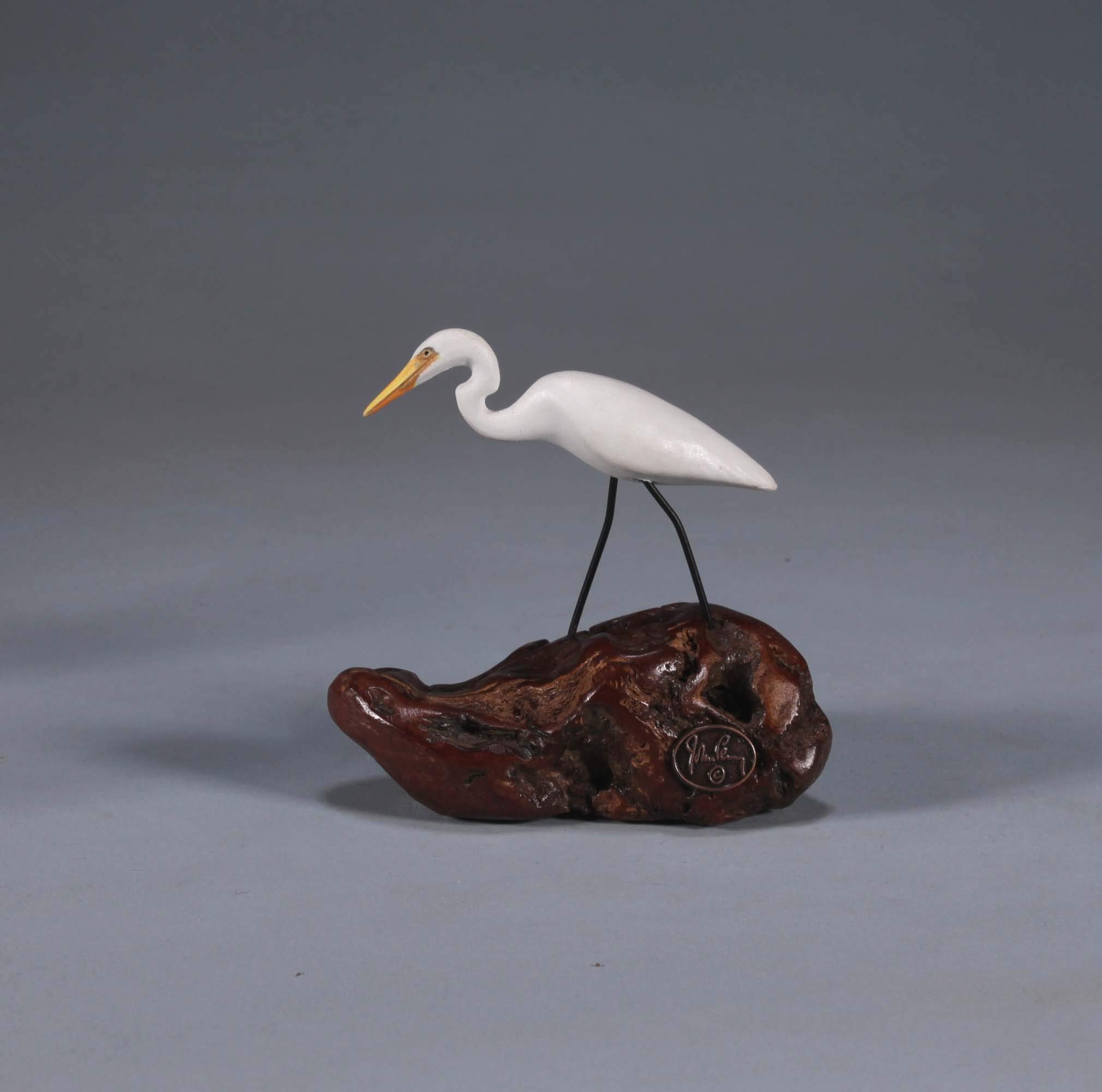 Egret sculpture by John Perry 4 inches tall on burlwood base Hunting version Statue Figurine