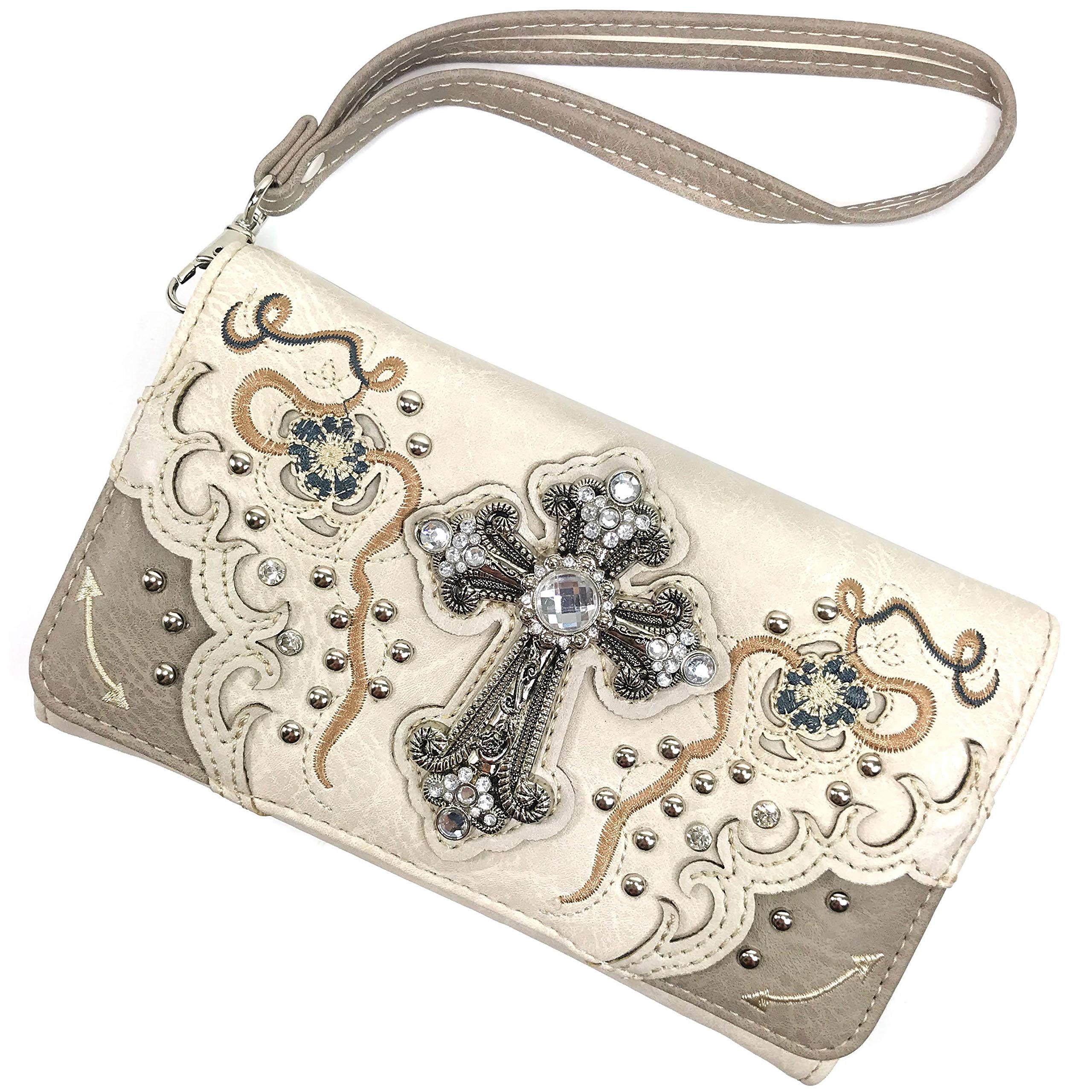Zelris Floral Poppy Cross Western Women Crossbody Wrist Trifold Wallet (Beige Silver)