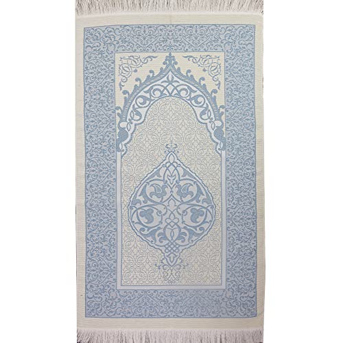 Modefa Islamic Prayer Mat Thin Woven Chenille and Taffeta Turkish Sajadah Intricate Design Metallic Ottoman Mat (White/Blue + White/Pink)