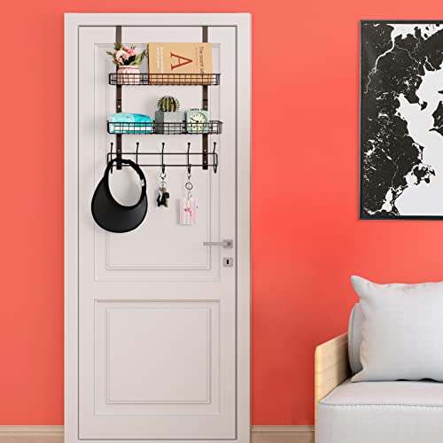 OYEAL Over The Door Hook Rack with 5 Hooks 2 Baskets Steel, Sturdy Durable Coat Rack Towel Hooks Hanging Organizer Shelves for Home Bedroom Bathroom Kitchen, Brown