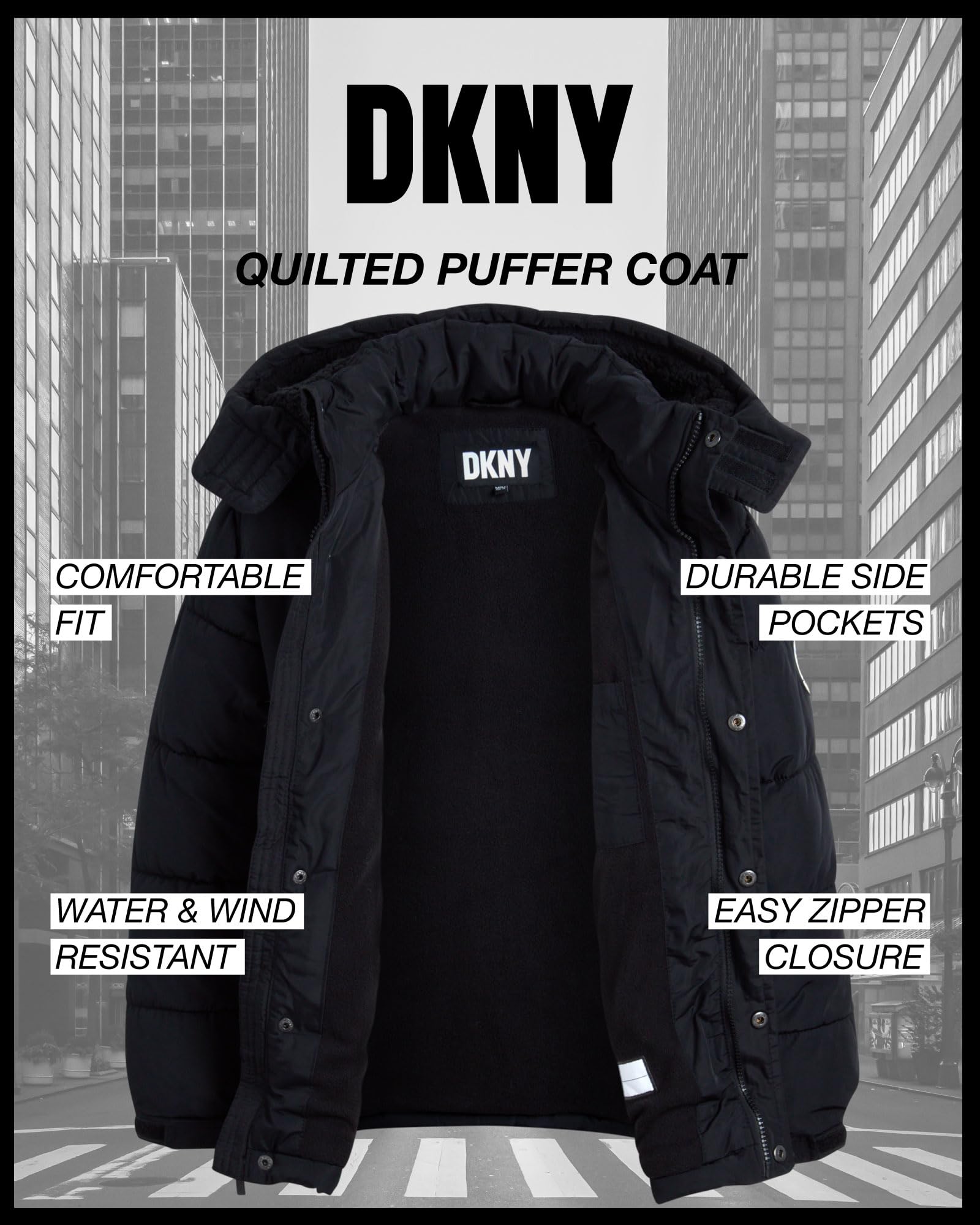 DKNY Boys' Winter Jacket - Insulated Quilted Puffer Parka Coat, Sherpa Lined Hood - Heavyweight Ski Jacket for Boys (4-20), Size 14-16, Black
