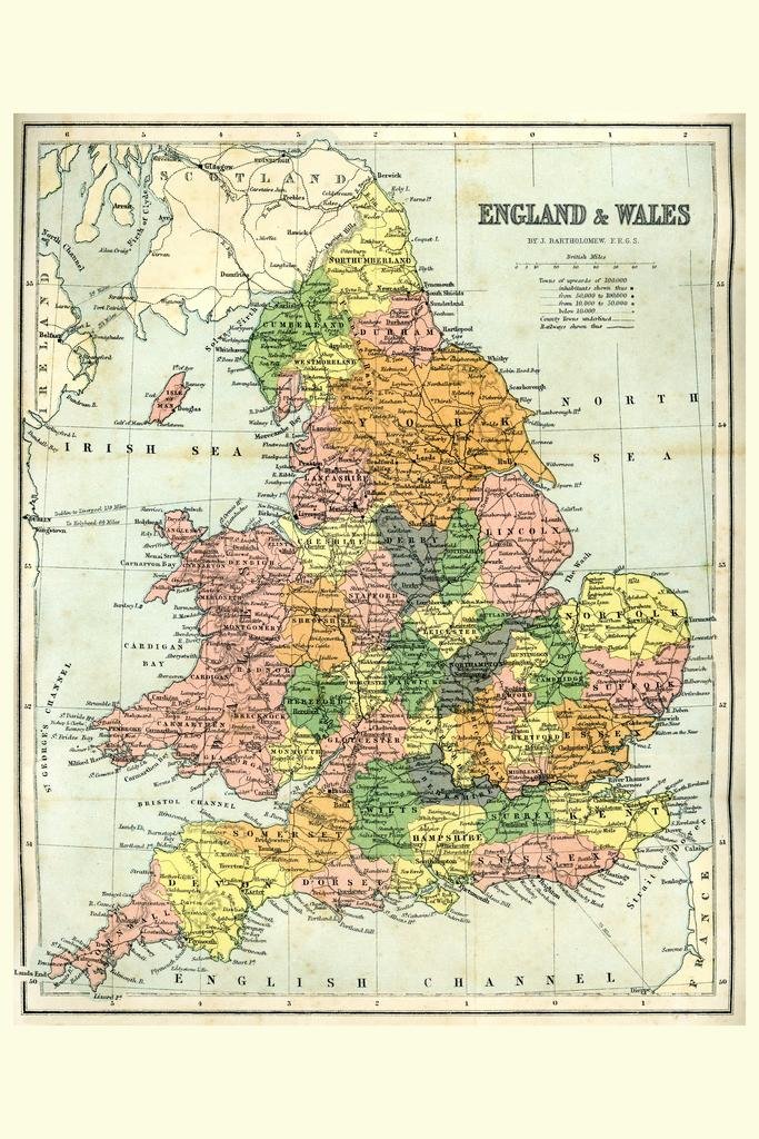 England and Wales 19th Century Antique Style Map Cool Huge Large Giant Wall Art 36x54
