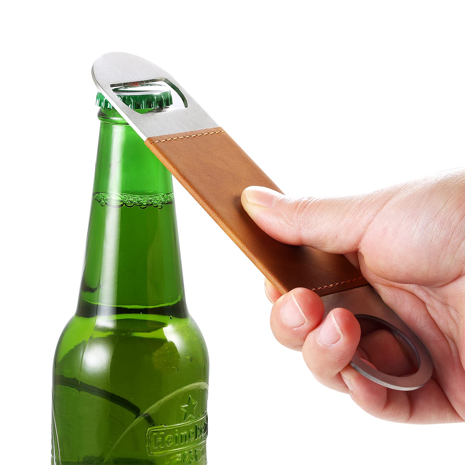 Heavy Duty Stainless Steel Flat Bottle Opener, Bartender Beer Opener with Leather Handle, 7 inches, Solid and Durable for Kitchen, Bar or Restaurant HANCELANT