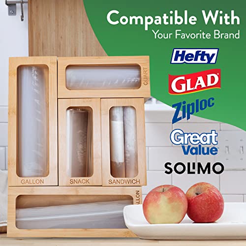 TRAKZA Bamboo Ziplock Bag Organizer for Drawer, Kitchen Storage Bag Organizer, 5 Separate Baggie Organizer for Drawer with Non-Slip Feet and Hanging Holes, kitchen organization and storage