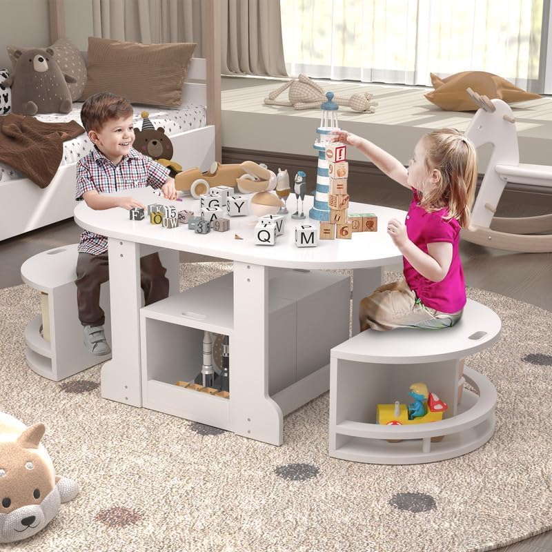 NKUGCFC Wooden Kids Play Nesting Table and Chair Set with 4 Storage Stools, Oval Shaped Nesting Design Table, Children Nesting Table with Storage,Kids Nesting Activity/Play/Read/Craft Table