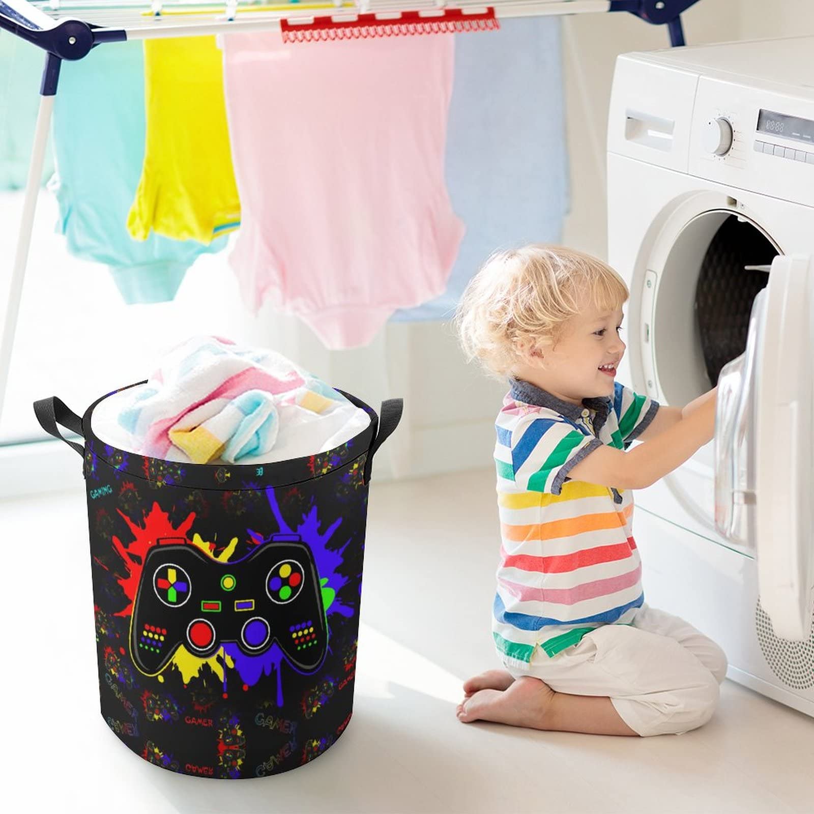 Gaming Laundry Basket With Drawstring, Color Game Controller 3d Printed Gamepad Collapsible Storage Basket Boys Kids Room Laundry Nursery Hamper Bathroom