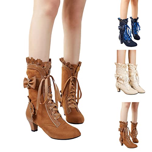 FASDNENDYS Womens Shoes Plus Size Lace Bow High Thick Heel Front Lace Up Plus Size Womens Inflatable Boot Beige