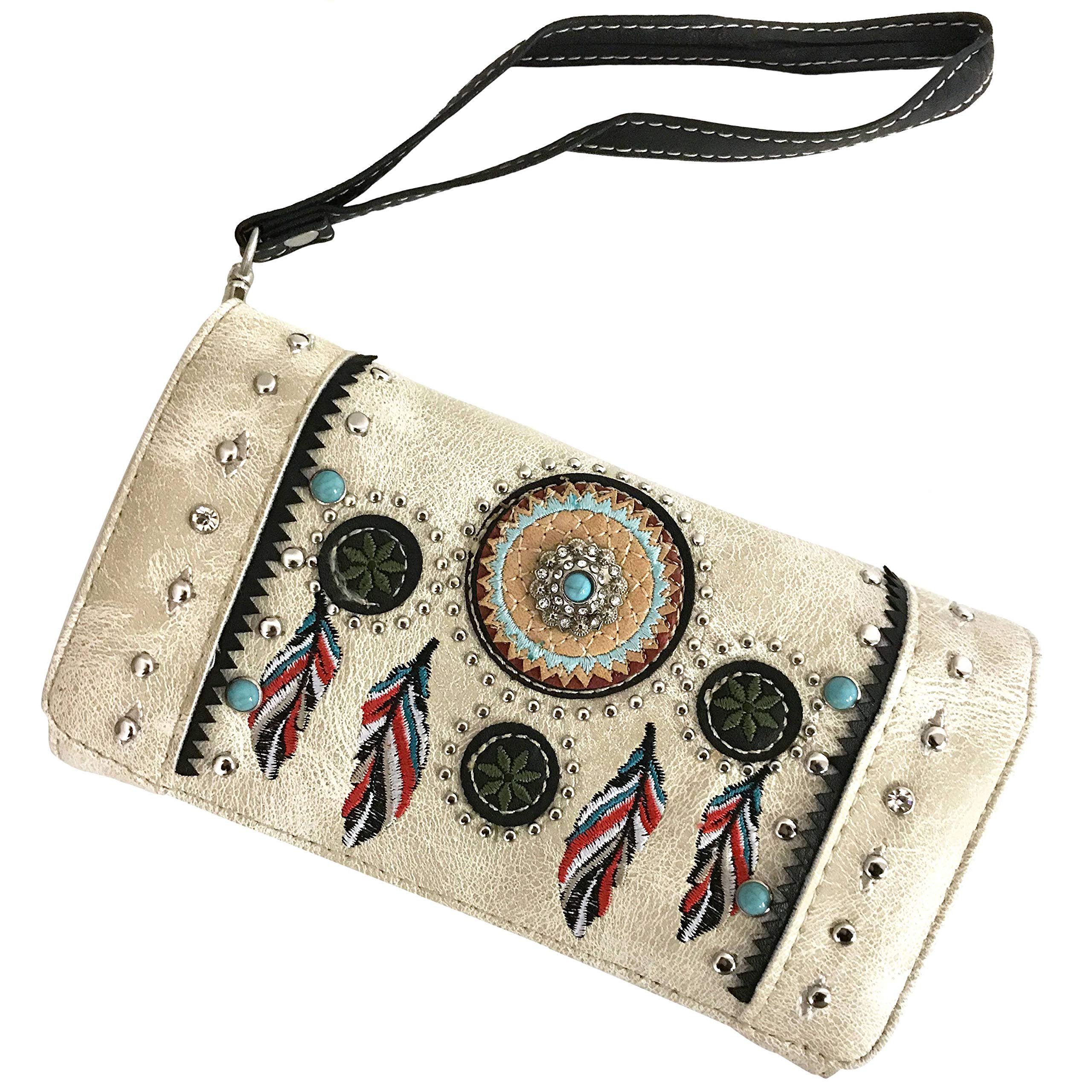 Zelris Tribal Native Dream Catcher Feather Concho Crossbody Fold Wallet (Beige)