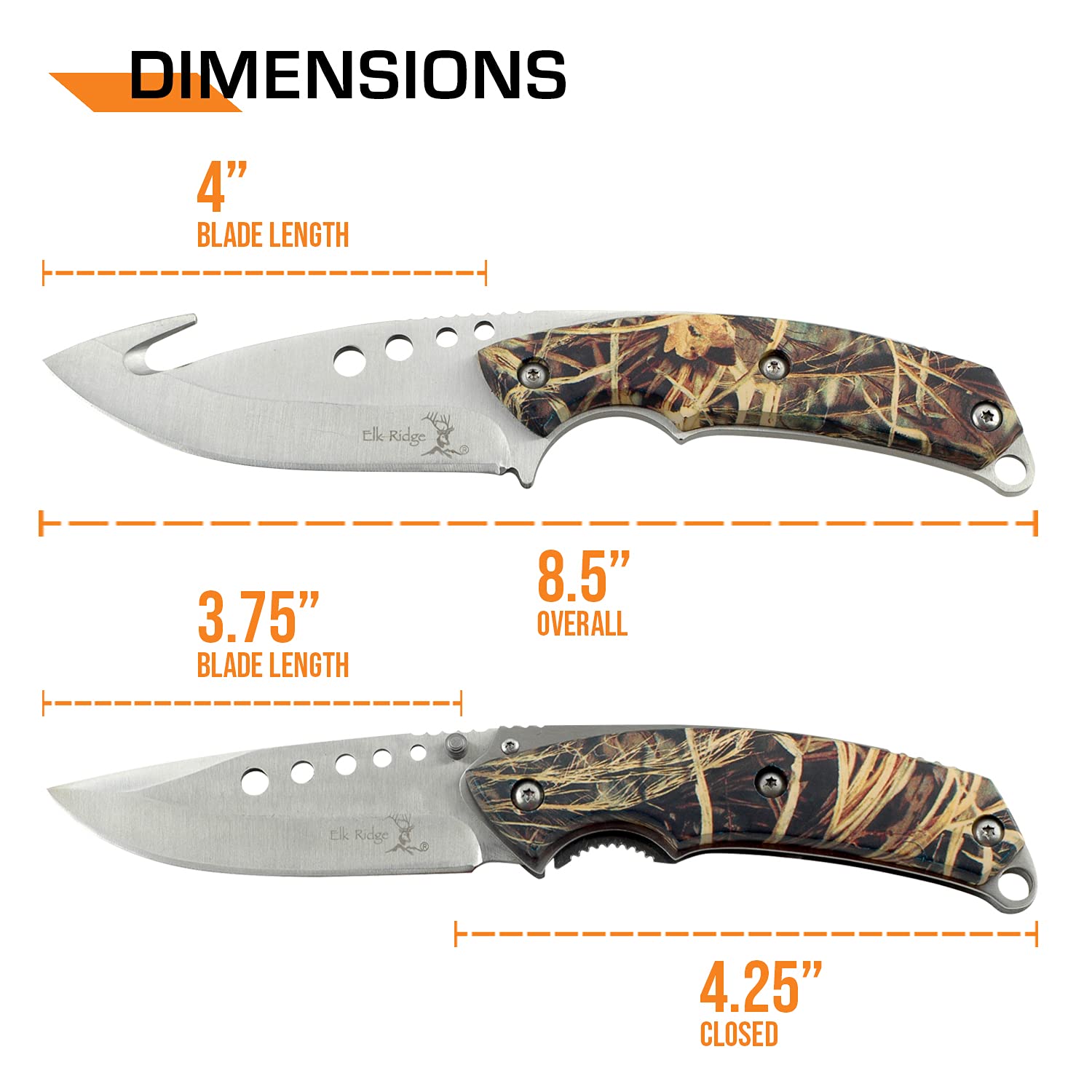 Elk Ridge - Outdoors Hunting Knife Set- 2 PC Fixed Blade and Folding Knife Set, Satin Finished Stainless Steel Blades, Camo Coated Handles, Includes Combo Nylon Sheath - Hunting, Camping, Survival - ER-054CA