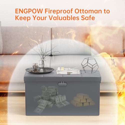 ENGPOW Storage Ottoman Bench,Fireproof Folding Storage Bench with Lock,30 Inches Fire&Water Resistant Storage Chest Foot Rest Stool Leather Bedroom Bench with Storage Safe for Document,Valuables,Grey