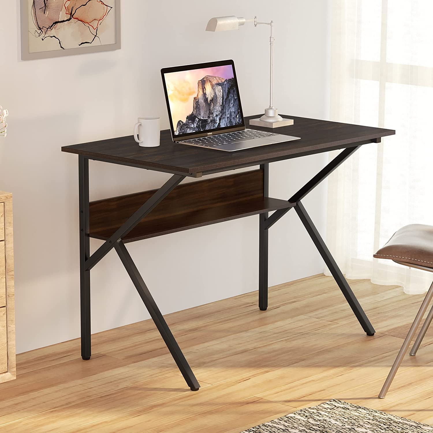 FITUEYES Gaming Computer Desk with Blue LED Light, 27" Sturdy Writing Tables with Storage Shelf for Home and Office