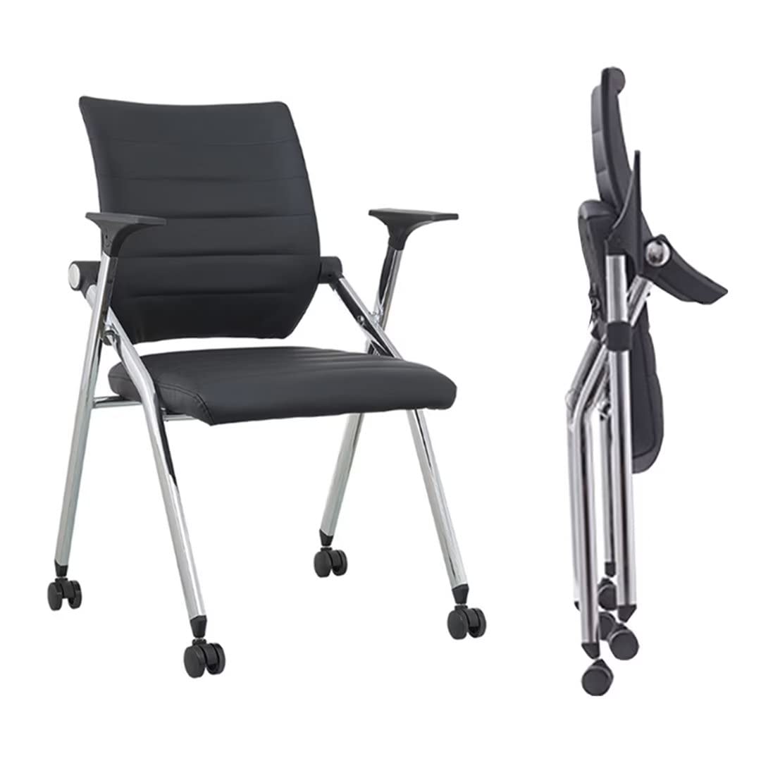 Folding office chair with wheels portable,comfy chair for desk,Home office chair ergonomic desk chair leather padded seats,desk chair for bedroom,conference training chairs for adults livingroom,black