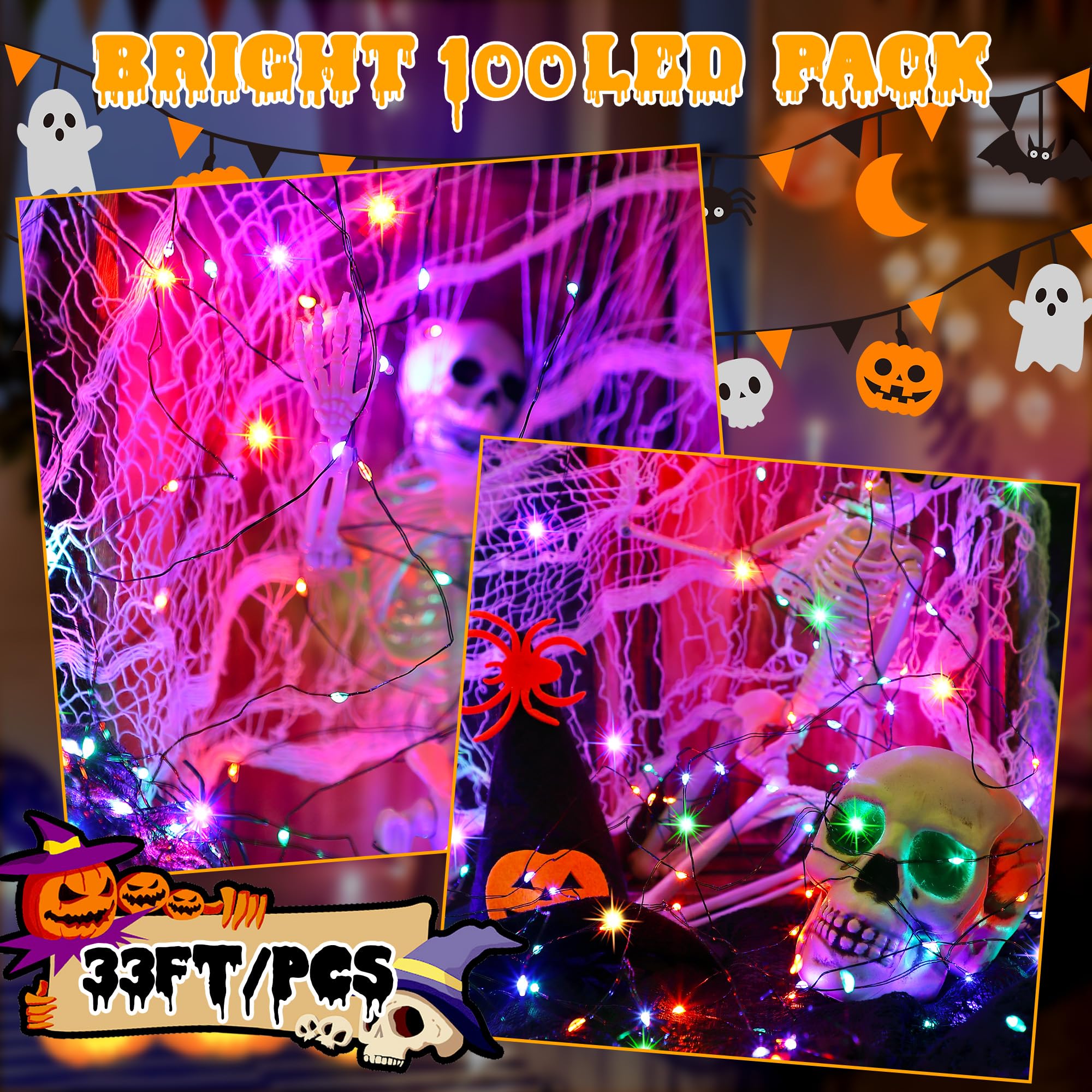 Enhon 3 Pack Halloween Fairy String Lights 300 LED, 33ft 1000 LED/Pack Fairy Lights with Remote, Black Copper Wire Light String Battery Operated, Halloween Fairy Decor for Party, Purple Orange Green