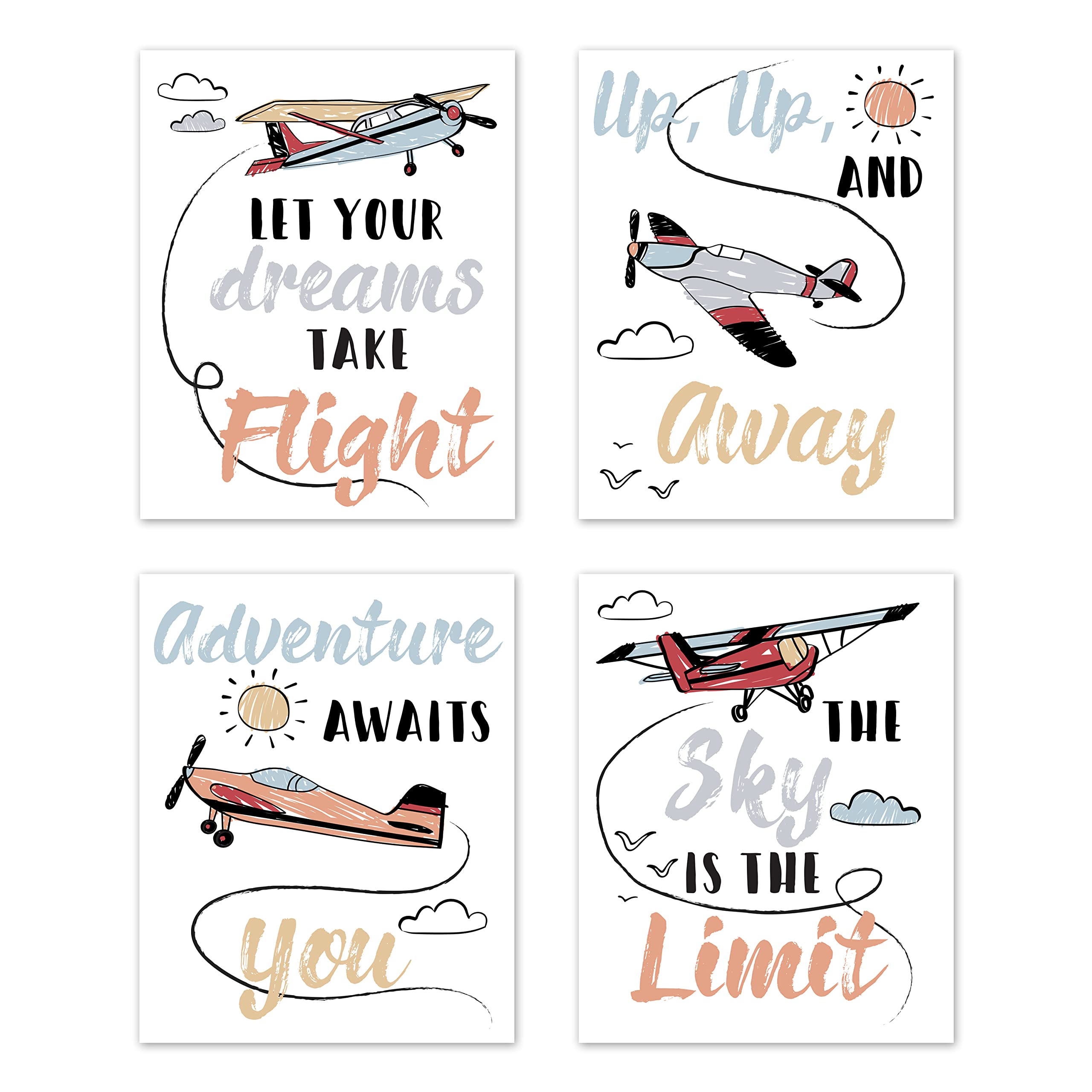 Sweet Jojo Designs Vintage Airplane Wall Art Prints Room Decor for Baby Nursery Kids - Set of 4 - Grey Yellow Orange Red White Blue Airplanes Air Plane Transportation Clouds Sun Sky Aviator Aviation