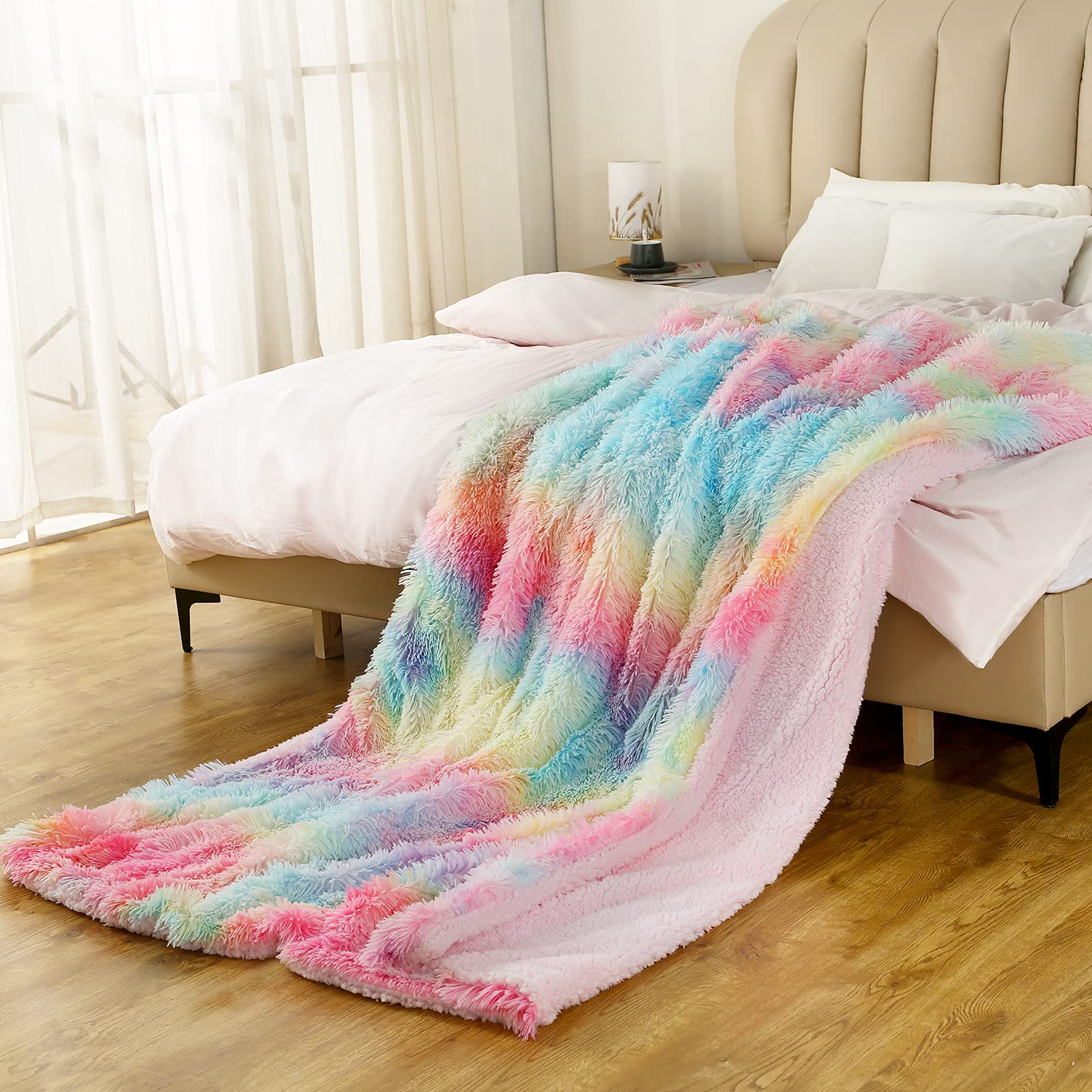 STFLY Faux Fur Throw Blanket, Decorative Luxury Tie Dye Rainbow Throw Blanket for Sofa Bed Couch, Shaggy Soft and Warm Blanket Cozy Plush Throws Queen Size for Autumn&Winter, Girls