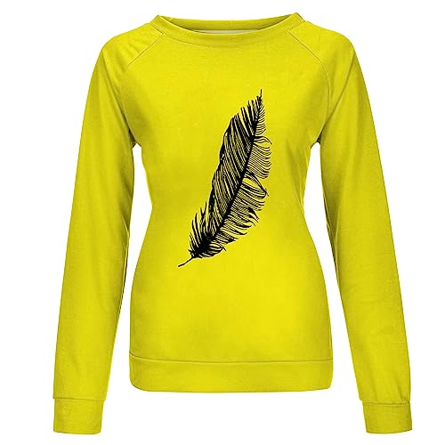 LAWOR Women'S Tops 2023 Summer Sudaderas capucha sudaderas la moda para mujer camisa manga larga estampado plumas jersey cuello redondo otoño G2-Yellow X-Large