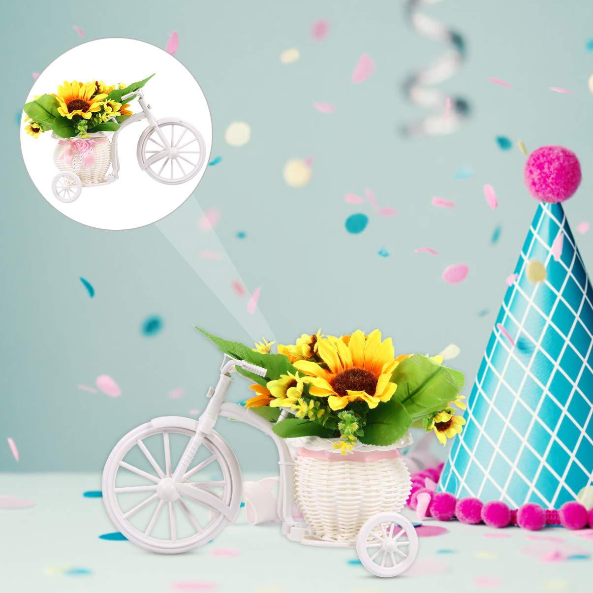 Garneck Artificial Daisy Flower Garden Silk Flower Baskets Bike Stand Mini Nostalgic Planter Bicycle for Home Wedding Decoration