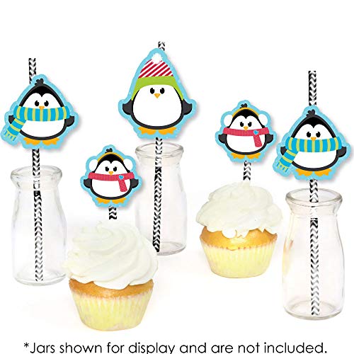 Holly Jolly Penguin Paper Straw Decor - Holiday & Christmas Striped Decorative Straws - Set of 24