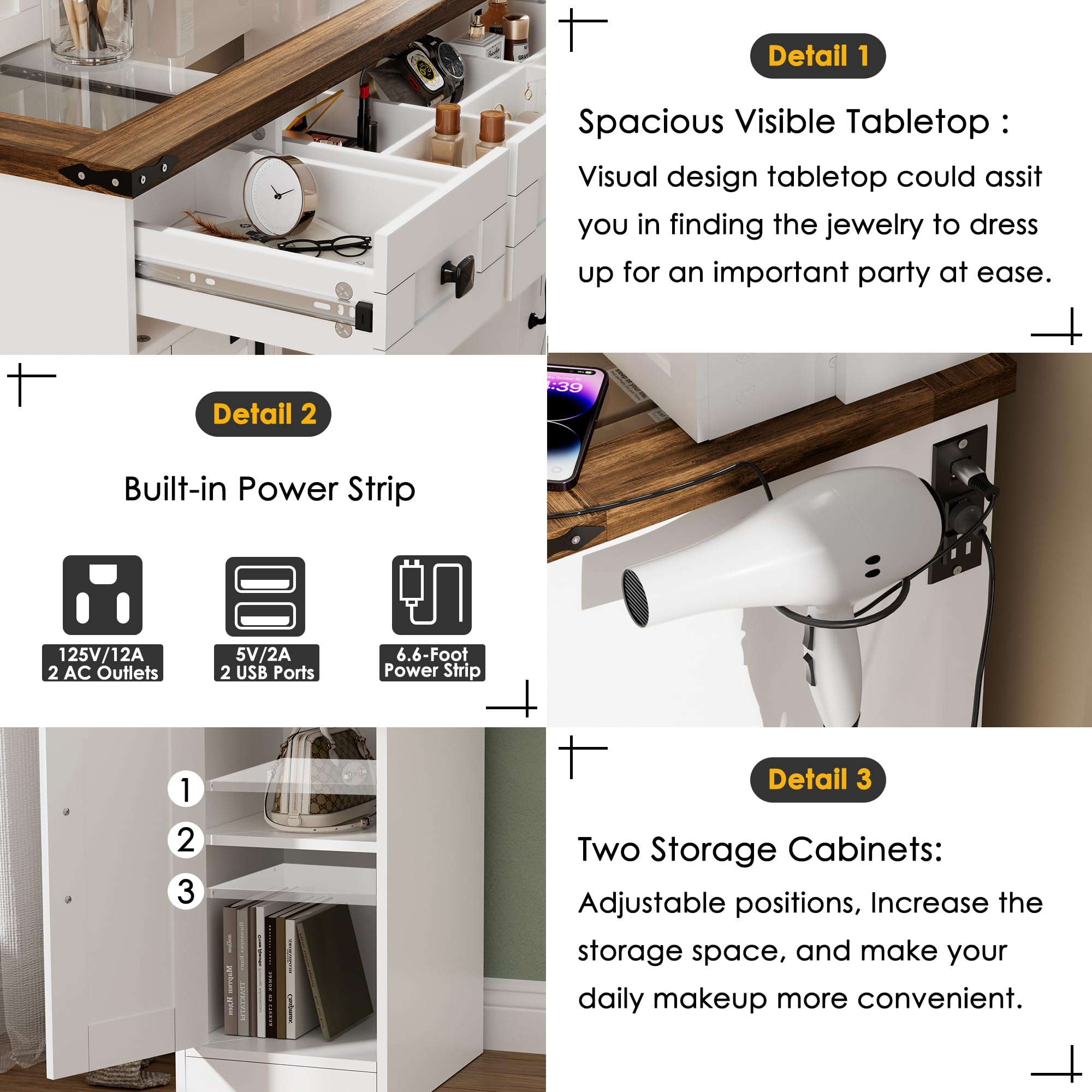 PAKASEPT Makeup Vanity Desk with Mirror and Lights, Glass Tabletop Farmhouse Vanity Table with Drawers, Charging Station, Cabinet for Bedroom,White