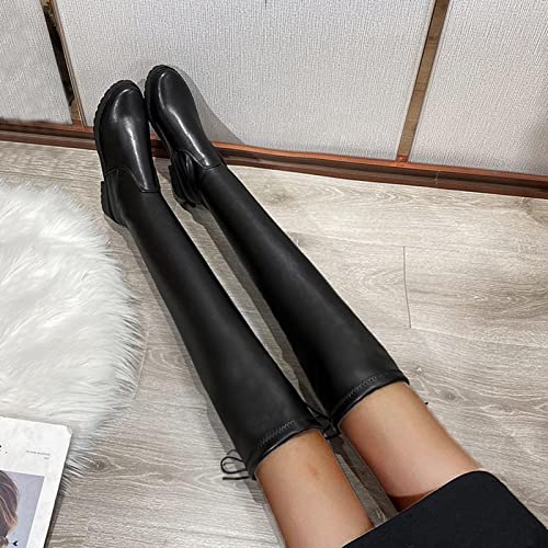 FASDNENDYS Womens Pointed Toe Knee High Boots Shoes Boots Up Heeled Low Knee Long High Boots Over Short Heel Black