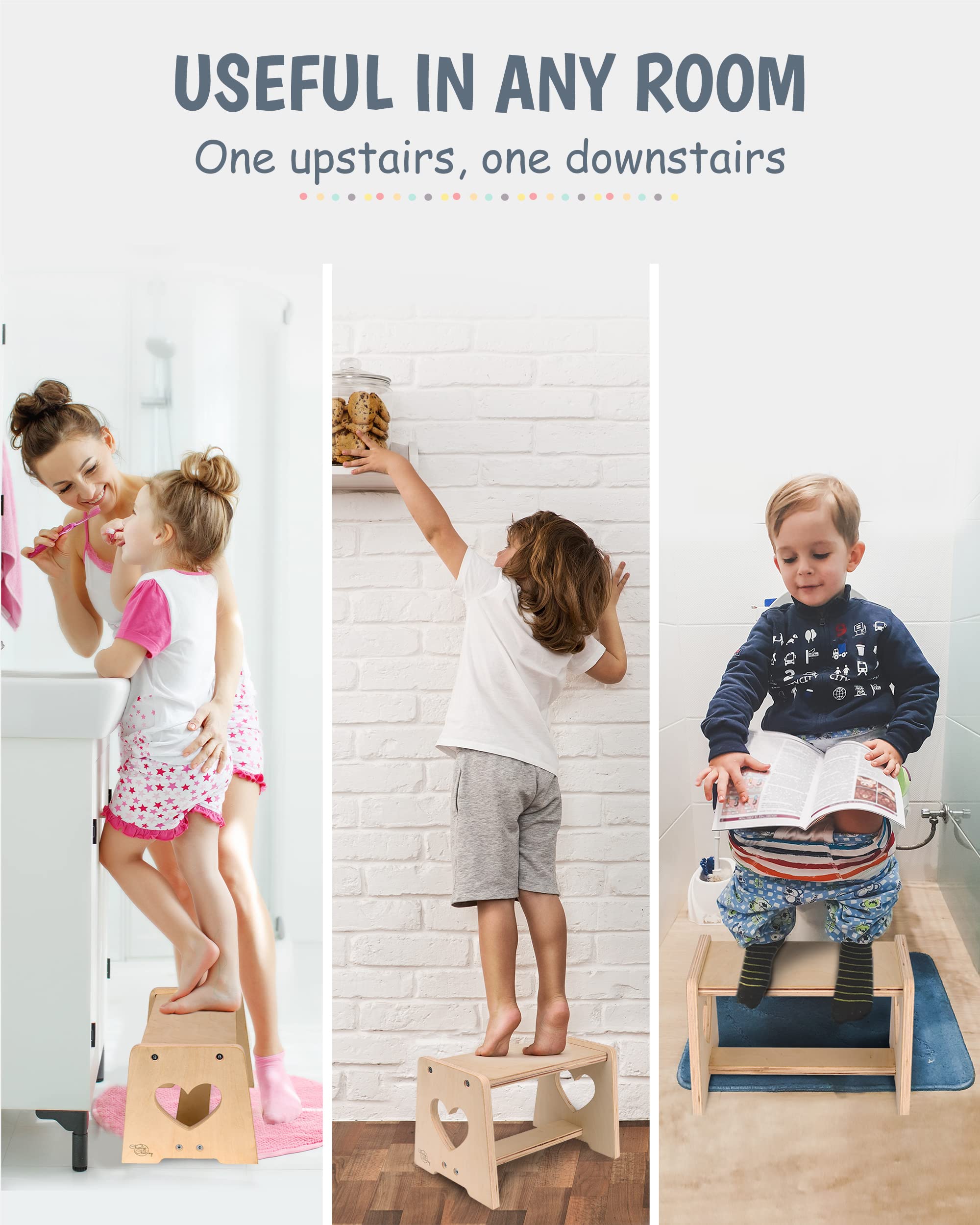 Wooden Toddler Step Stool for Kids 2 Pack - Non Slip Unfinished Wood Single Step Stools for Children - Ideal for Child Toilet, Bathroom, Kitchen, Sink, Potty Stool - Holds 200lbs