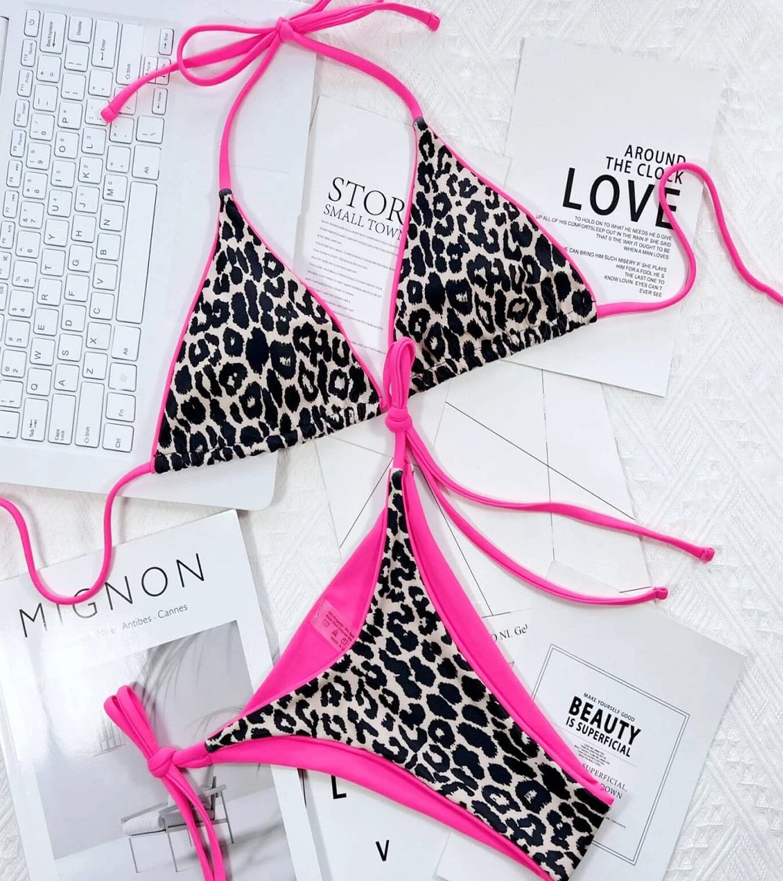 Ella Lust Triangle Bikini Sets for Women - Sexy Leopard Contrast Halter Top High Waisted Thong Bathing Suits 2Pcs Swimsuit(PinkLeopard,M,1084a)