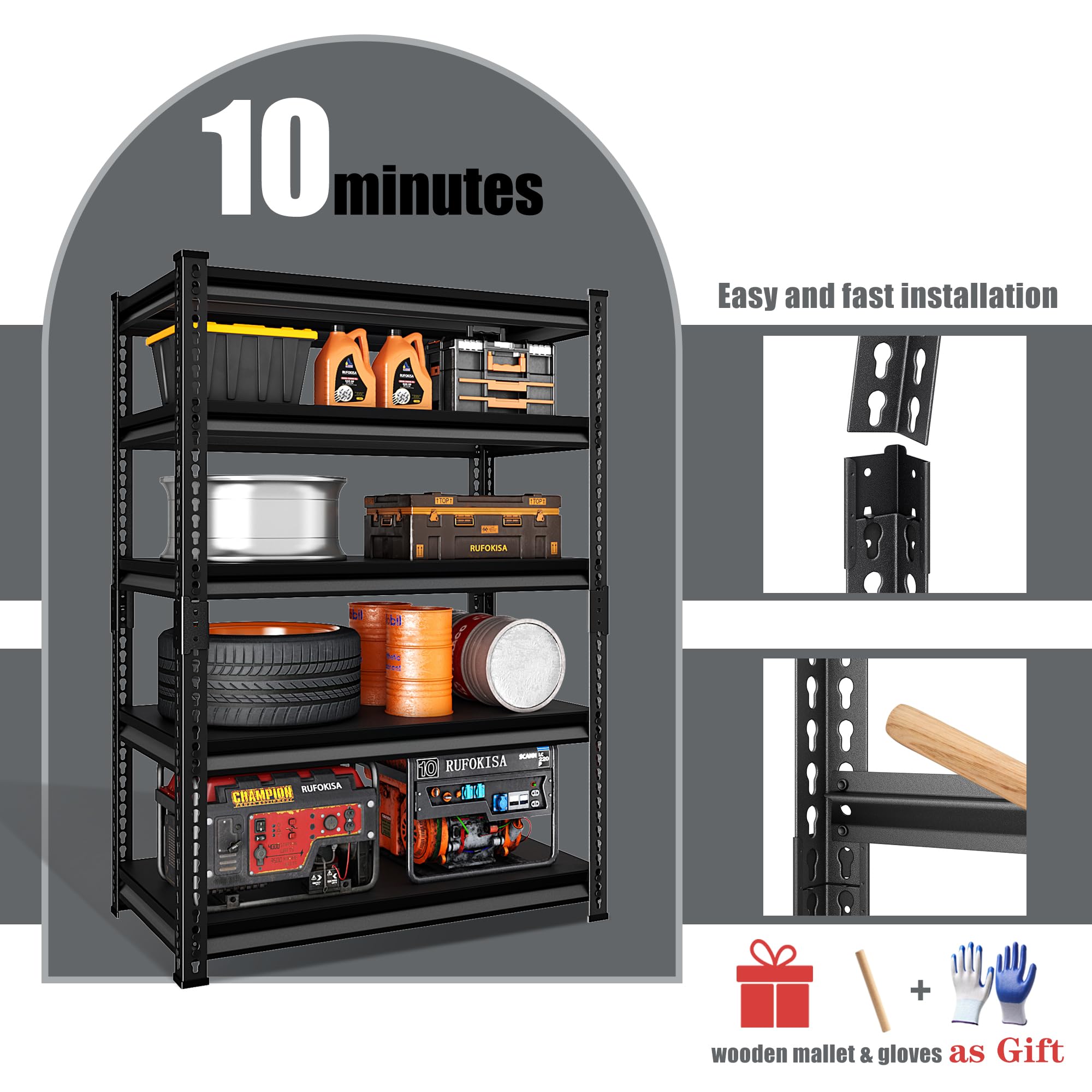 Rufokisa 5-Tier Garage Shelving Heavy Duty,72" Metal Shelving Unit for Garage, 2250 lbs Load Capacity Utility Rack Shelves& Garage Shelves, 40”W x 18”D x 72”H(Black)