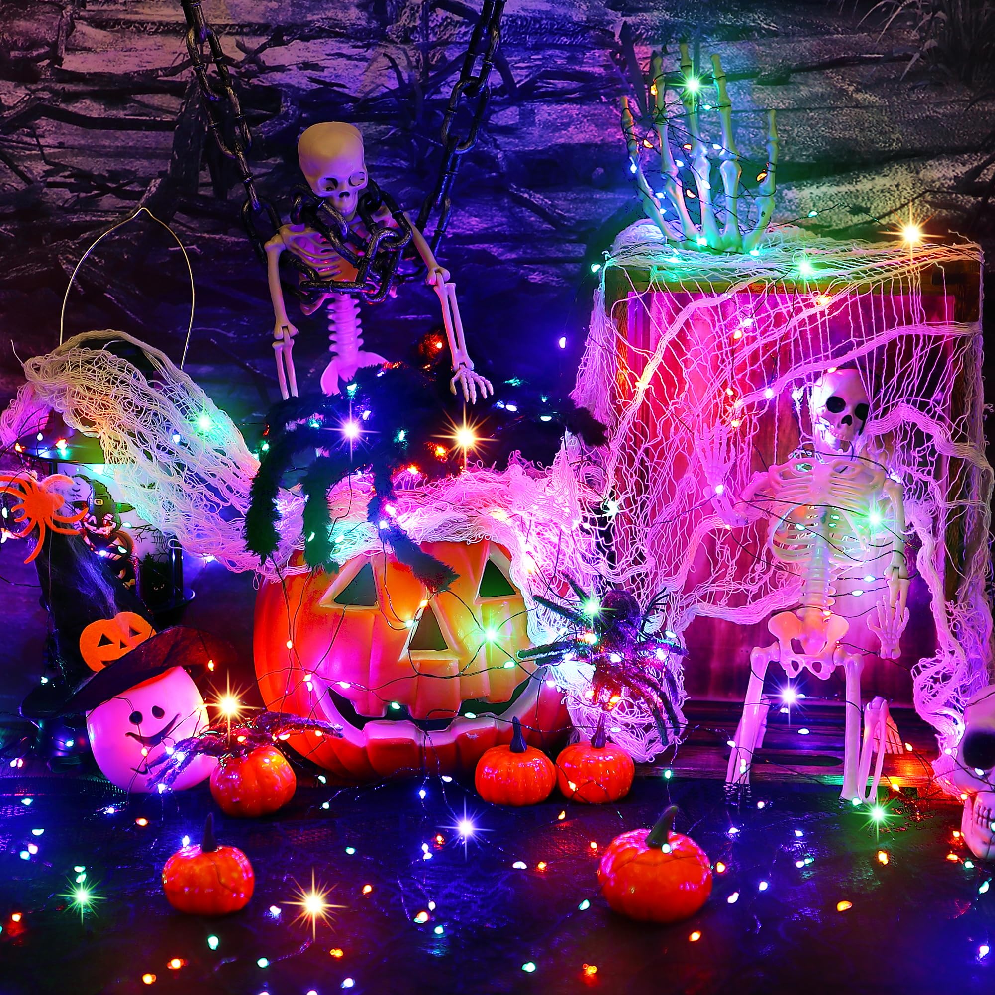 Enhon 3 Pack Halloween Fairy String Lights 300 LED, 33ft 1000 LED/Pack Fairy Lights with Remote, Black Copper Wire Light String Battery Operated, Halloween Fairy Decor for Party, Purple Orange Green