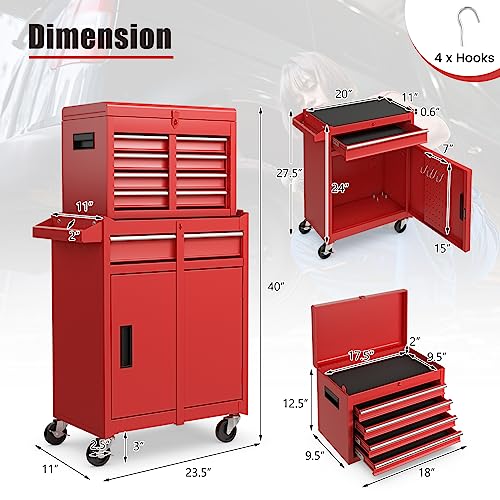 DORTALA 2 in 1 Tool Chest & Cabinet w/ 5 Sliding Drawers, Rolling Garage Box Organizer, Lockable Tool Box, Detachable Tool Organizer, Tool Cabinet Cart Workshop Trolley on Wheels, Red