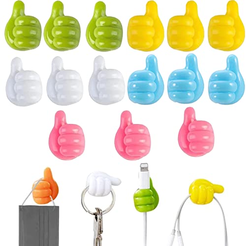 Thumb Hooks for Hanging, 15pcs Self Adhesive Thumb Cable Organizer Clips No Punching Key Hook Holder Wall Hangers, Multifunctional Nails-Free Utility Silicone Hooks Desk Wire Management Storage