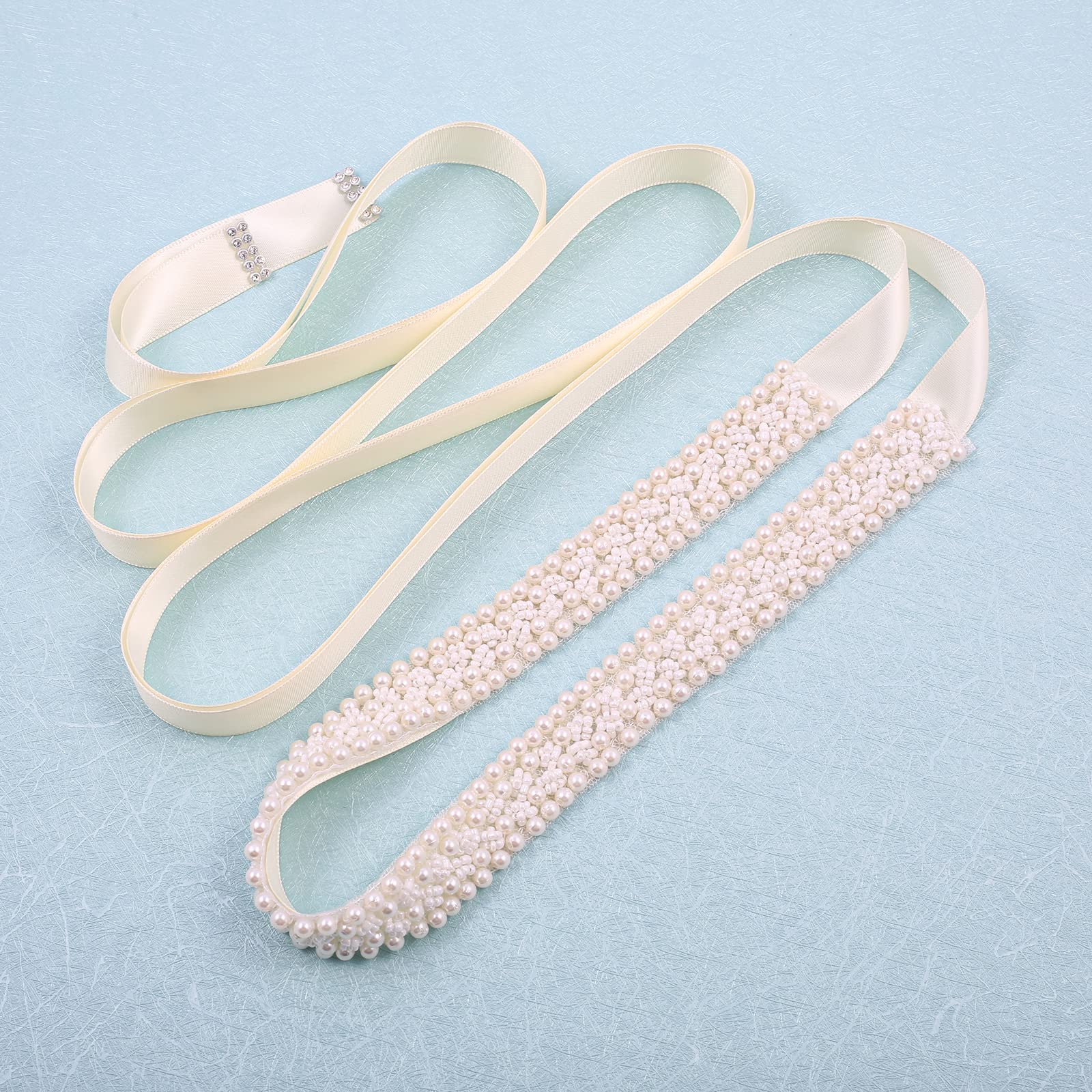 Fubney Crystal Bridal Belt Handmade Pearls Wedding Sash Belts Bridesmaid Sash for Women's Dress (ivory)