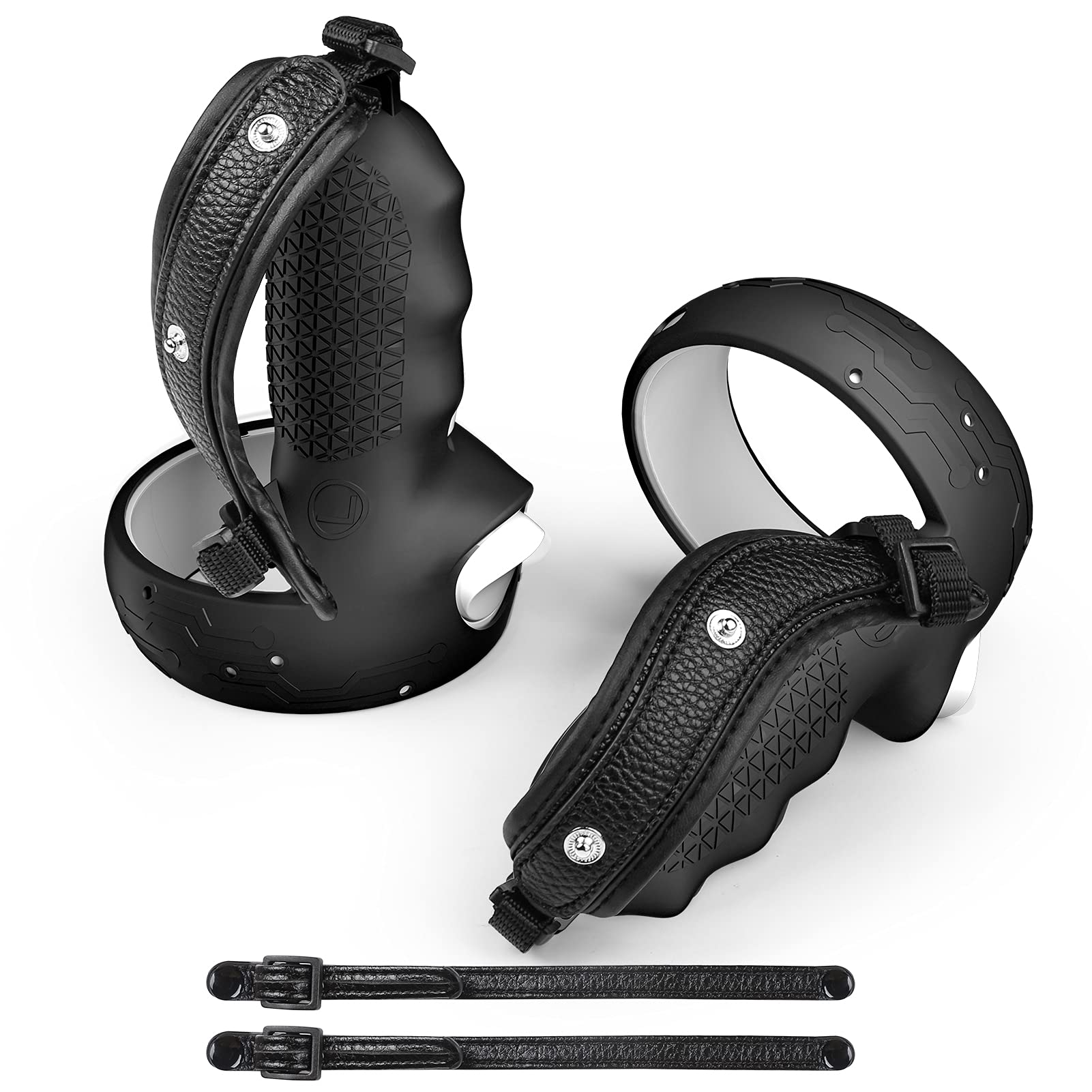 EWalos Touch Controller Grip Leather Cover for Oculus Quest 2 Double Protection Anti-Throw Handle Silicone Accessories, Adjustable The Pattern of Lychee Pu Leather Wrist Knuckle Strap(1 Pair, Black)