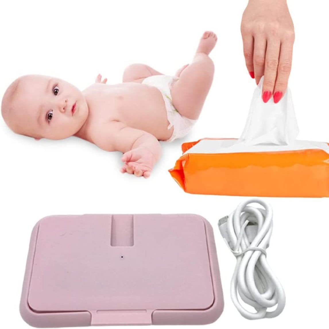 KUYYFDS Portable Baby Wipes Warmer Napkin Warmer Box Paper Warmer USB Charging Wet Wipes Dispenser for (Pink).