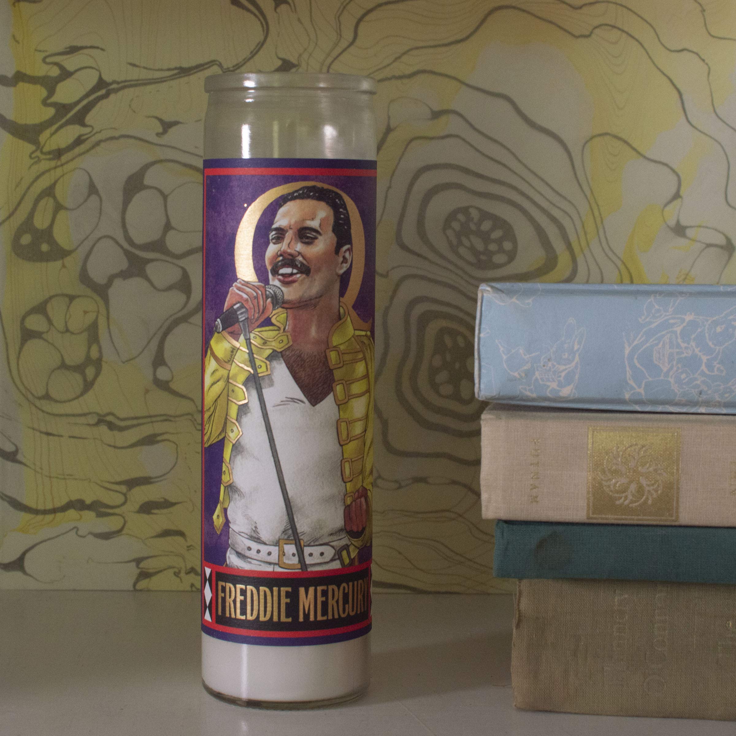 The Unemployed Philosophers Guild Freddie Mercury Secular Saint Candle - 8.5 Inch Tall Glass Prayer Votive, Made in The USA with Vegetarian Wax