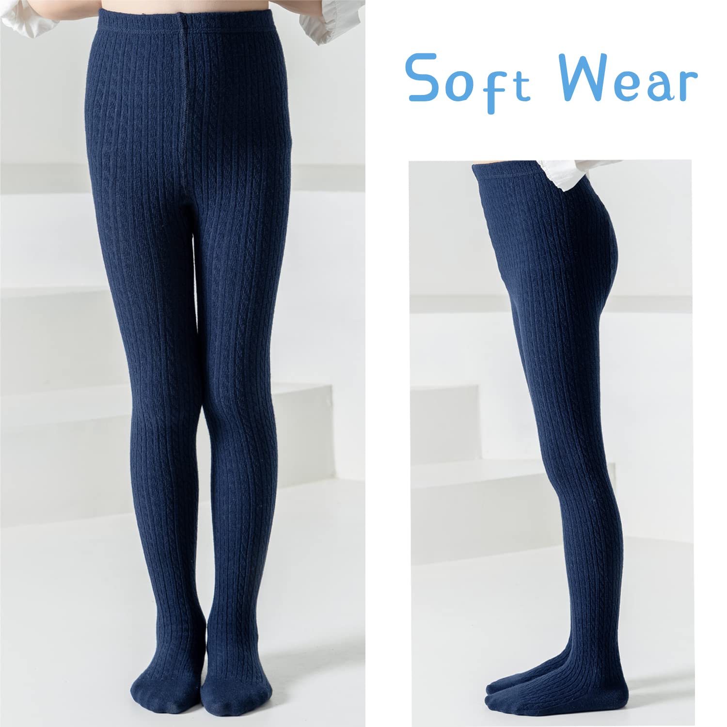 Marchare Baby Girls Tights Thick Cable Knit Solid Seamless Leggings Winter Warm Stockings For Toddler Girls Navy 2 Pack 8-10 Years