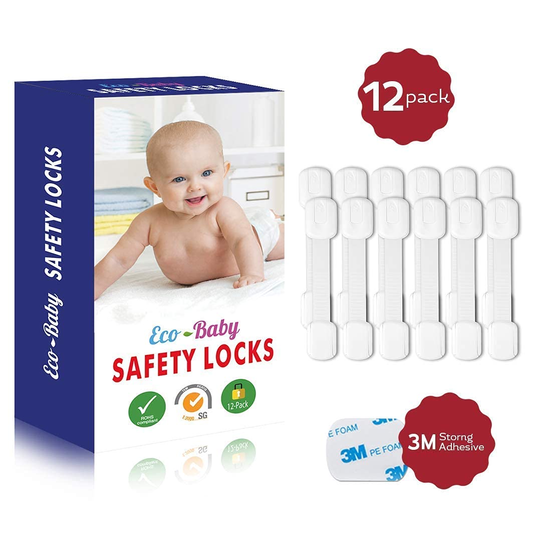 Eco-Baby Safety Cabinet Proofing for Babies - 3M Adhesive Baby Proofing Straps, Refrigerator Lock Straps, Child Proof Locks for Cabinet, Toilet Seat,Cupboard,Door with Easy Installation (12 Pack)