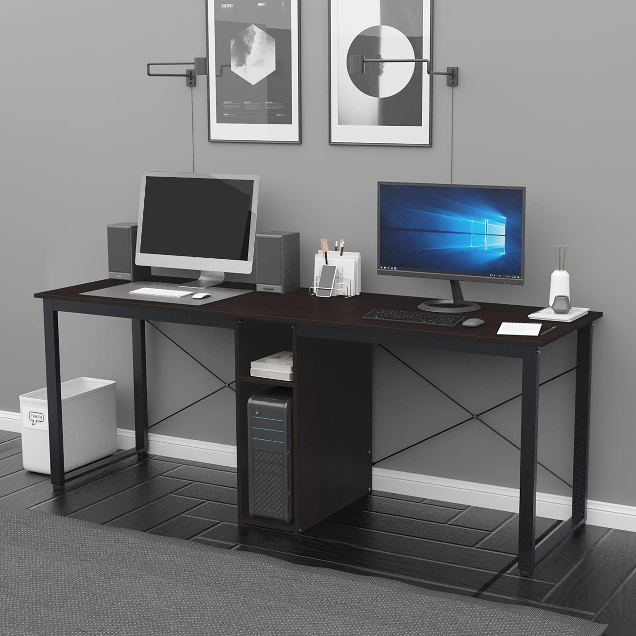 DlandHome Double Computer Storage Desk, 78 inches Extra Large Home Office 2 Person Desk Multifunction Gaming Table Workstation for Home Office, Walnut Black LD-H01