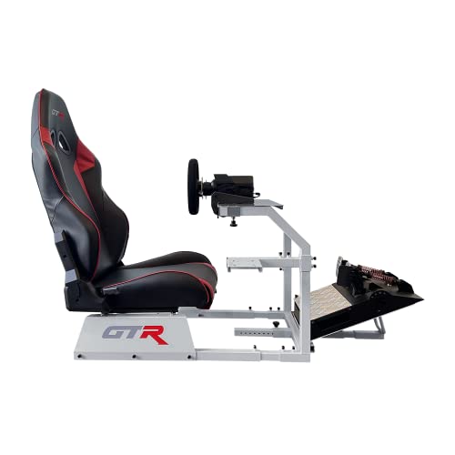 GTR Simulator GTA Model Silver Frame with Adjustable Leatherette Racing Seat Gaming Simulator Cockpit Chair | RS30 Wheel | V3 Pedal Setup (GTA with RS30 Wheel & V3 2-Pedal Setup)