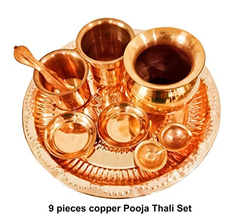 HANS PRODUCT Pooja Thali Set Round Plate, Panch Patra, Copper Spoon, Copper Glass, Copper Diyas, Small Prasad Plates, one Copper Lota (Chambu) (9 pcs)